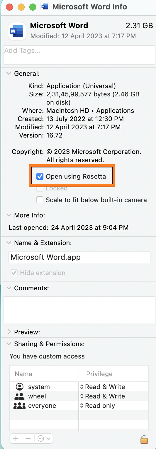 Runtime error while launching MS Office 365 on Apple M1